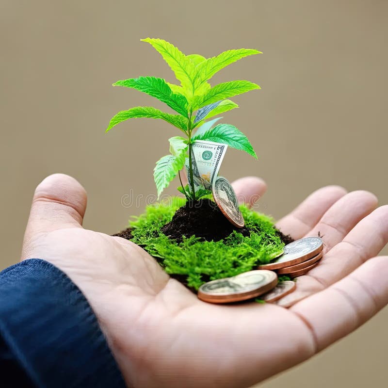 Plant Growing from Money in Hand. Stock Illustration - Illustration of ...