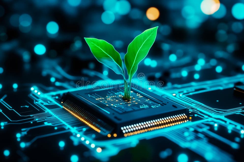 A Plant Growing Out of a Computer Chip on a Circuit Board Stock ...