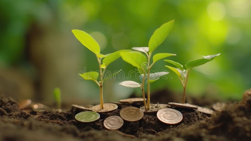 Young Plant Growing from a Stack of Coins in Soil. Financial Growth ...