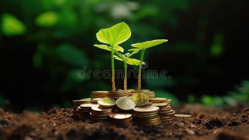 Young Plant Growing from a Stack of Coins in Soil. Financial Growth ...