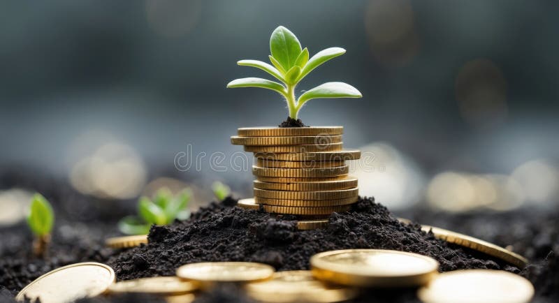 Plant Growing from Stack of Coins in Soil. Stock Image - Image of stack ...