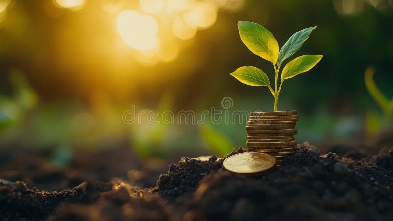 Plant Growing from Stack of Coins in Soil at Sunset Stock Illustration ...