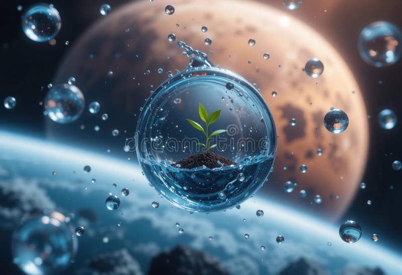 Plant Growing in Water Sphere with Cosmic Background Stock Illustration ...
