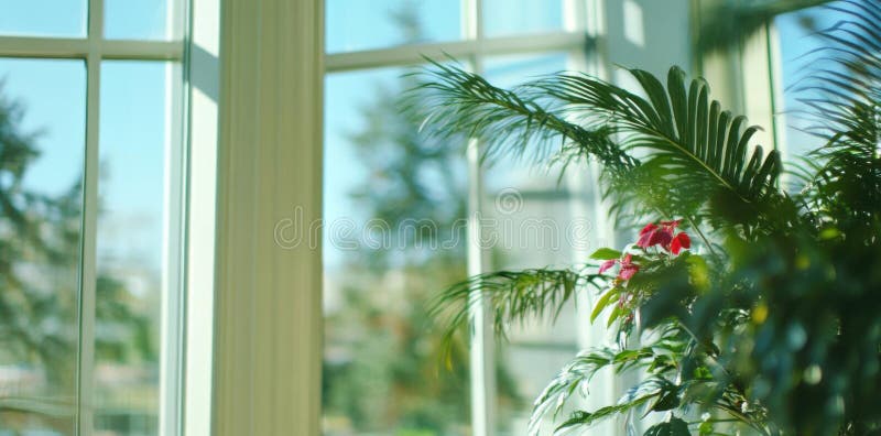 Plant Grows by the Window with Bright Sky, Sunny Day at Home Stock ...