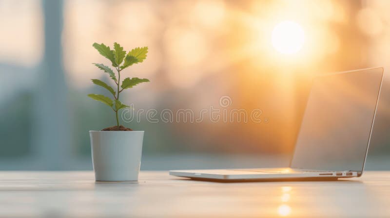 Plant and Laptop on Desk with Sunrise Stock Illustration - Illustration ...