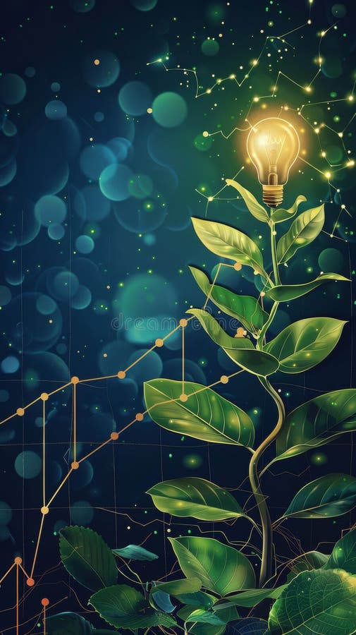 Plant with Lightbulb Growing on Top and Stock Chart on Background ...