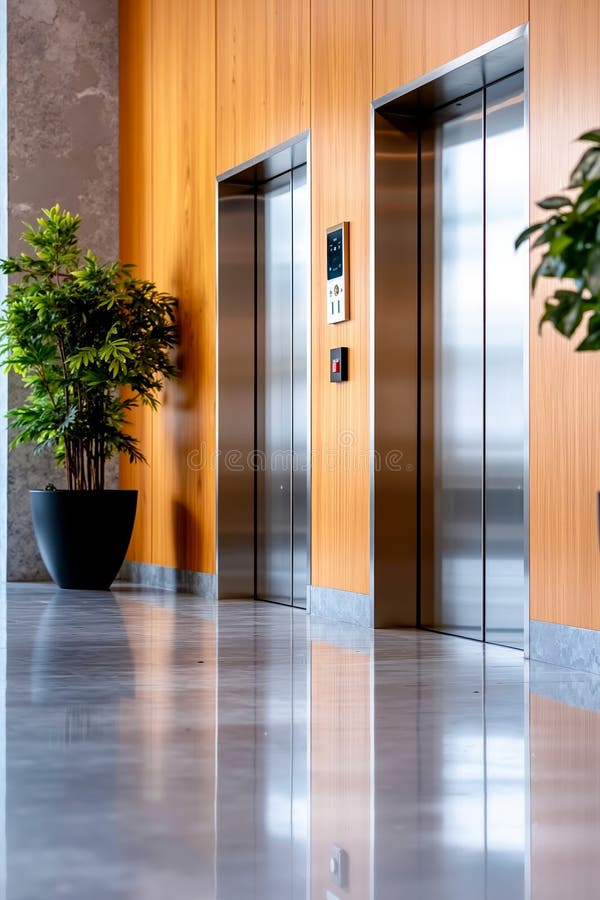 A Plant in a Pot Next To Two Elevators in a Building Stock Photo ...