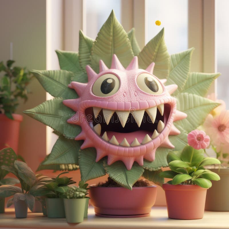 A Plant in a Pot with a Toy Monster Stock Illustration - Illustration ...