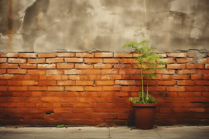 A Plant in a Pot by a Worn Brick Wall Stock Illustration - Illustration ...