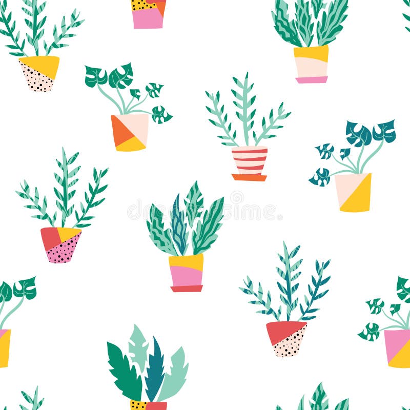 Plant Pots Seamless Vector Pattern. Repeating Pattern with Potted ...