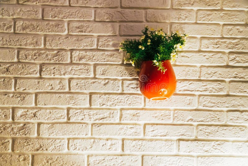 Plant in a Red Pot on a Brick Wall with Lighting Stock Image - Image of ...