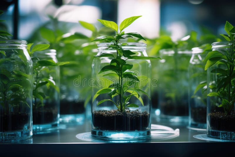 Plant Research, Green Plant in a Glass Jar in a Laboratory. Ecological ...