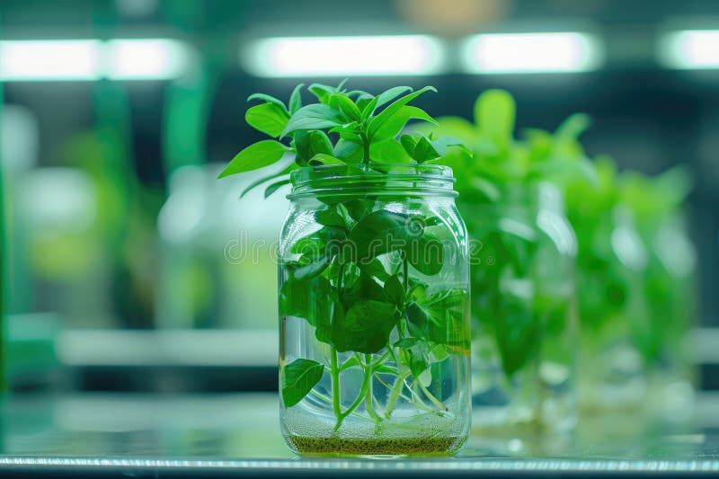 Plant Research, Green Plant in a Glass Jar in a Laboratory. Ecological ...