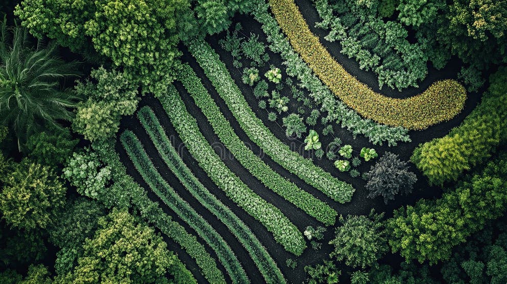 Plant Rows Aligned in Natural Curves, Drone View . Stock Photo - Image ...