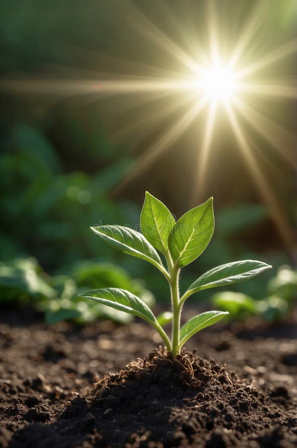 Plant Seedling with Multiple Leaves in Soil with Sun Rays Shining in ...
