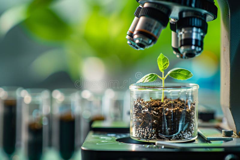 Plant Seedling in Research Lab with Microscope. Concept for ...
