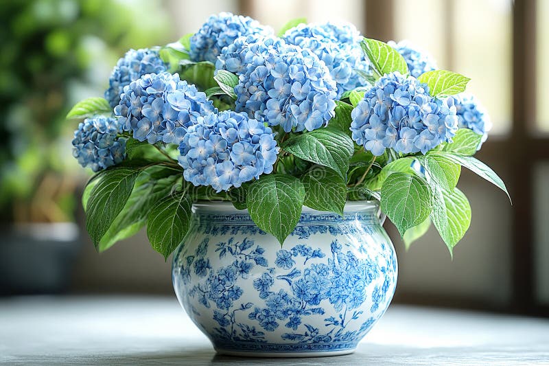 Ceramic Vase in Antique Style with Big Hydrangea Bush Grows on a White ...