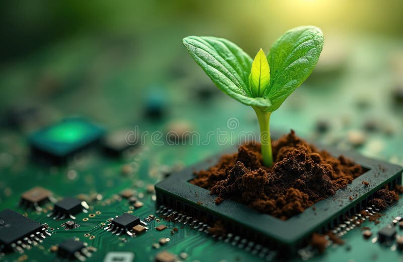 Plant Sprout Grows from Soil Inside Computer Processor. Green Leaves ...