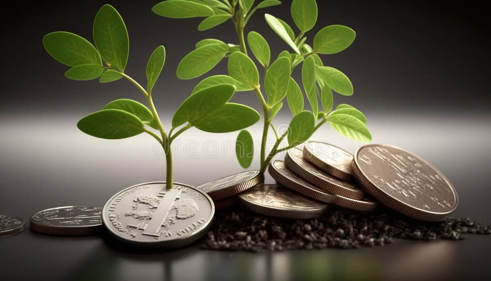 A Plant Sprouting Out of a Pile of Coins Stock Illustration ...
