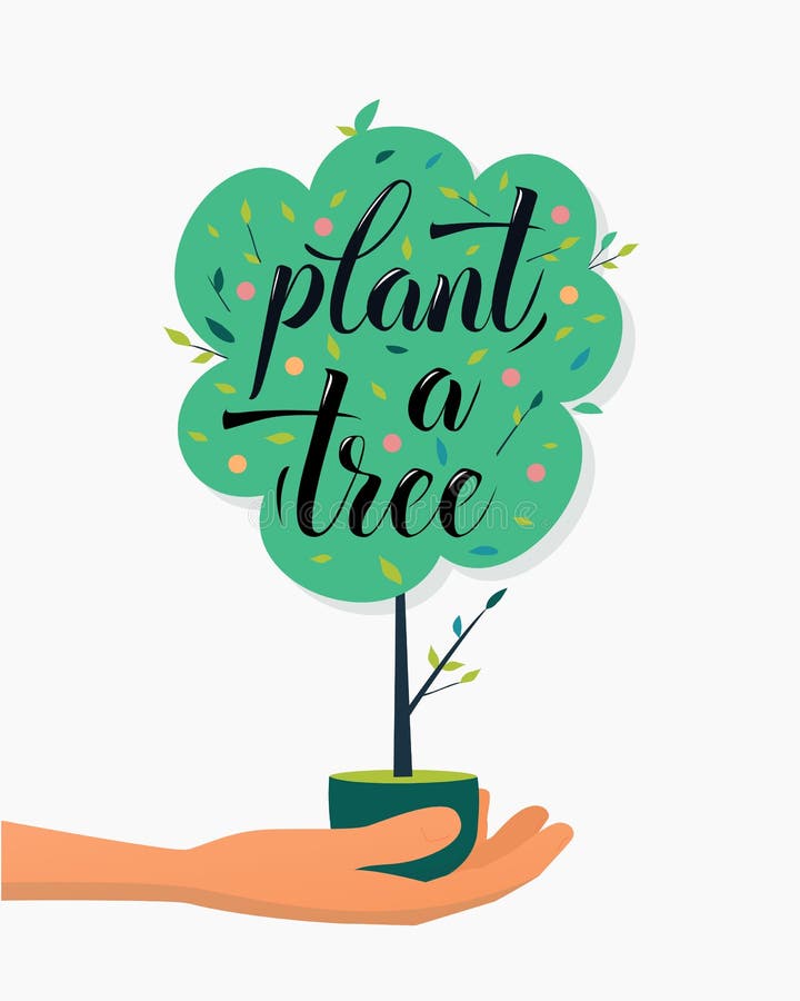 Plant a Tree Lettering. Pot in Human Hand. Stock Vector - Illustration ...
