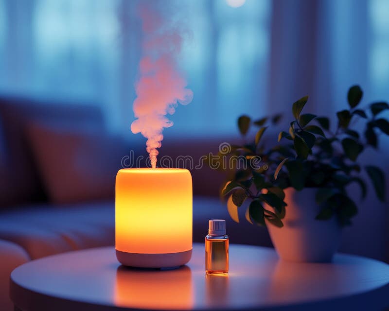 A Plant on a Wooden Table is Accompanied by a White Ceramic Diffuser ...