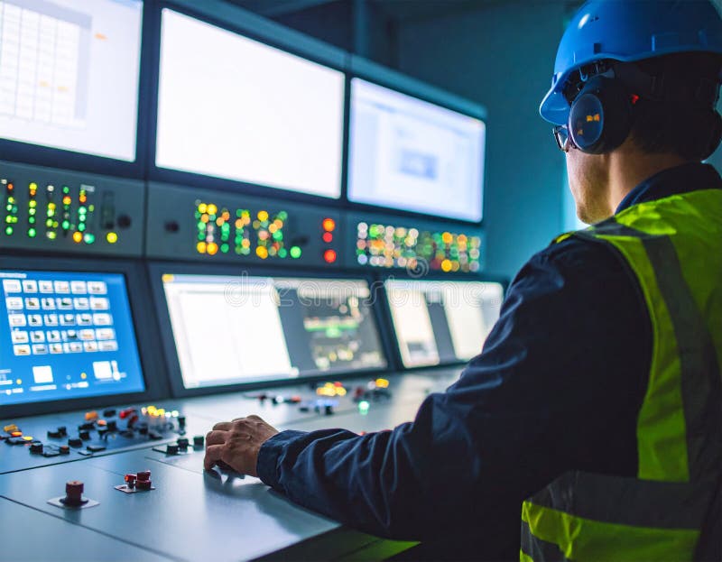 A Plant Worker Monitors Digital Panels in a Dimly Lit Control Room ...