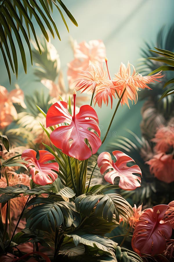 Plantas Tropicais Com Folhas Cor-de-rosa E Verde. Parede Rosa ...