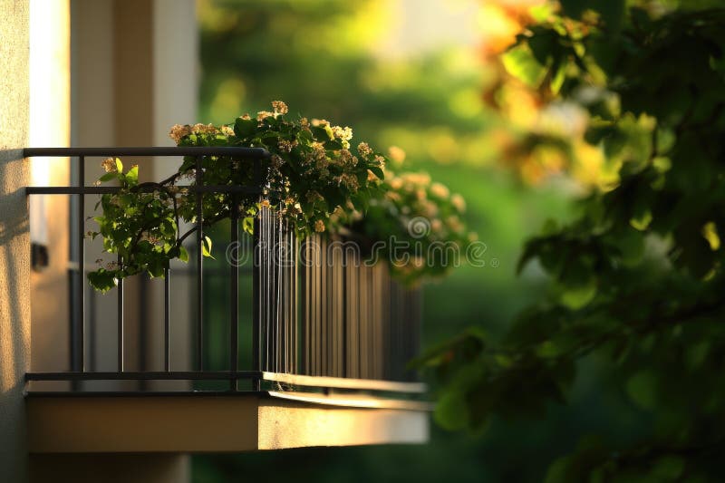 Planter on Balcony Railing with Greenery and Flowers Stock Photo ...