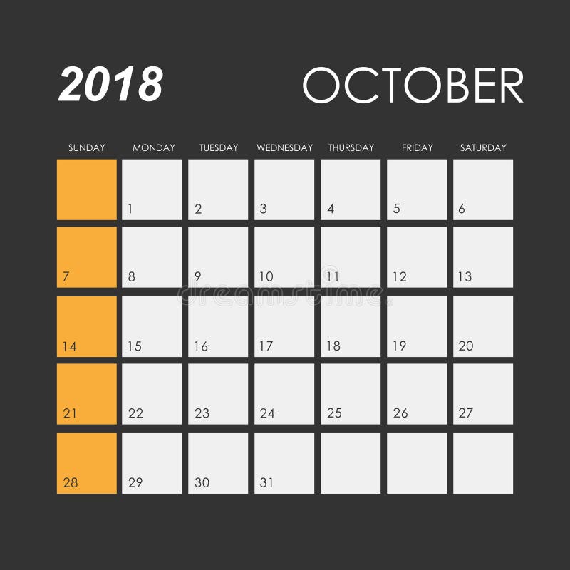 Plantilla Del Calendario Para Octubre De 2018 Ilustración del Vector ...
