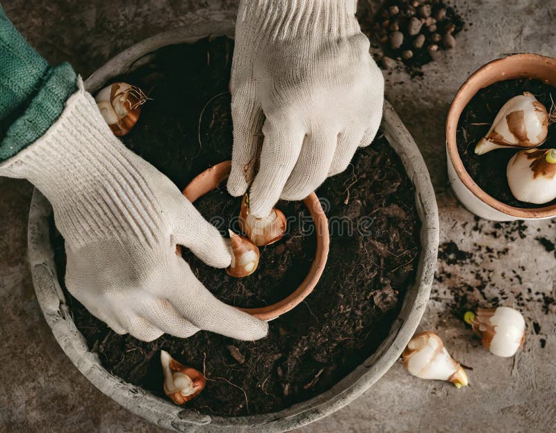 Planting Bulbs in the Flower Pot, Top View Stock Illustration ...