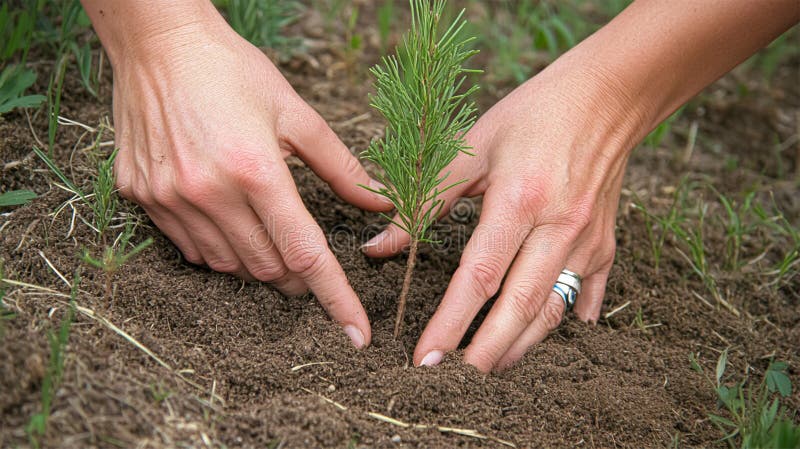 Planting a Pine Tree in the Ground. Hands Planting a Small Tree Branch ...