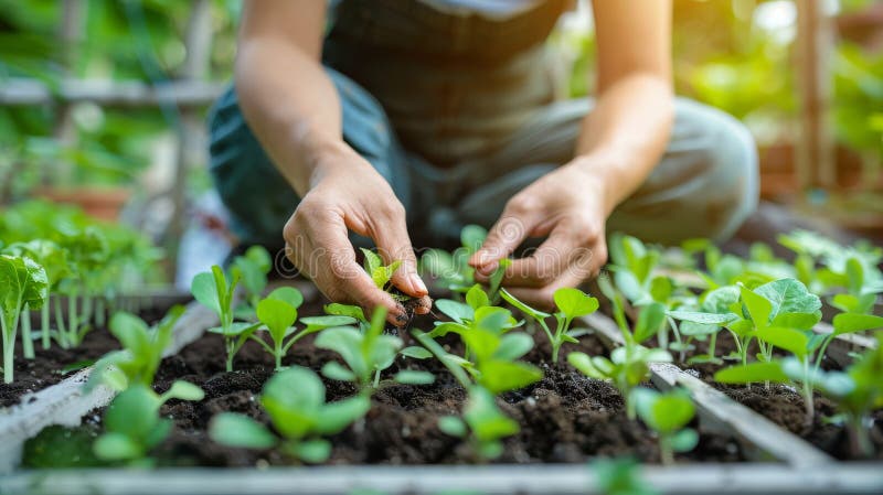 Planting Seedlings with Care in a Greenhouse Environment Stock ...