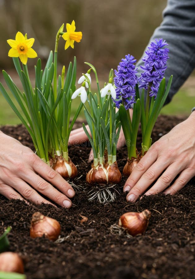 Planting Spring Flower Bulbs in Rich Soil Stock Illustration ...