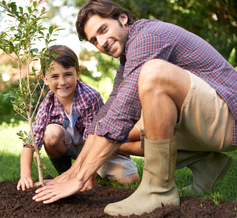 Planting a Tree with Dad. a Little Boy and His Dad Planting a Tree in ...