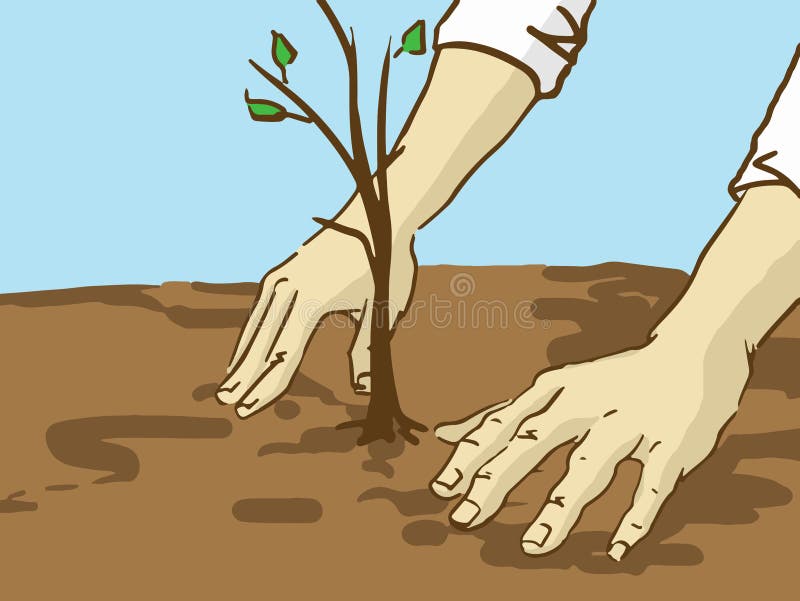 Cartoon Planting Tree. Hands Put a Seedling in the Ground Stock Vector ...