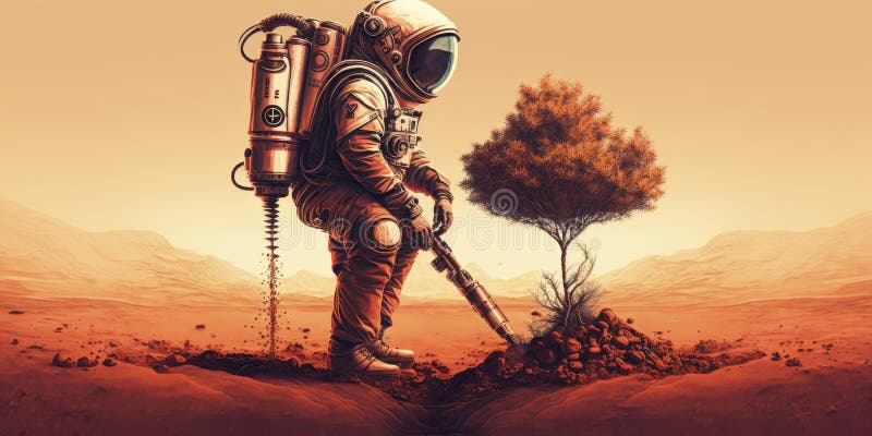 Planting a Tree on Mars: a Futuristic Mission. Stock Illustration ...