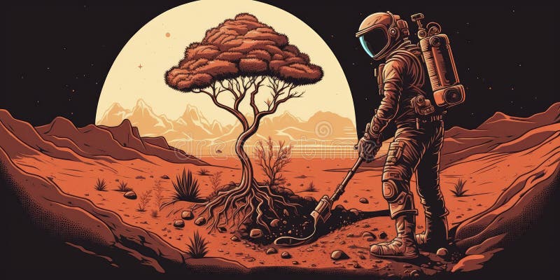 Planting a Tree on Mars: a Futuristic Mission. Stock Illustration ...