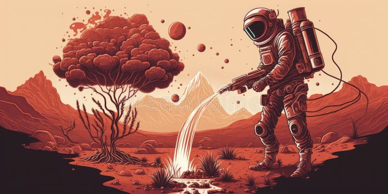 Planting a Tree on Mars: a Futuristic Mission. Stock Illustration ...