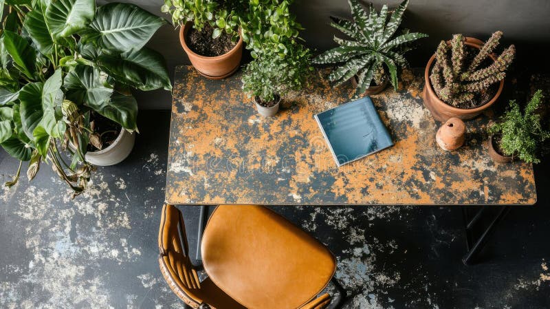 Plants Decorate Rustic Workspace, Creating a Serene Ambiance and ...
