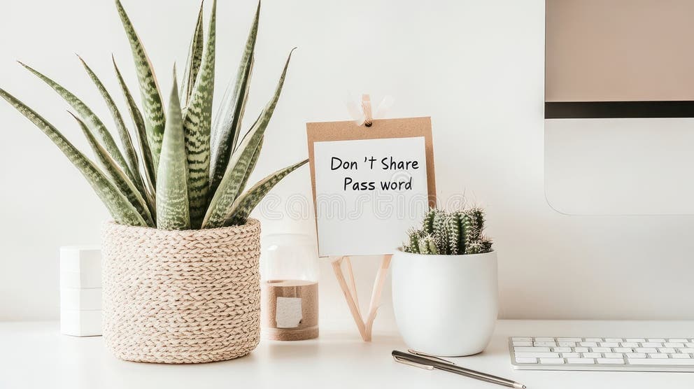 Plants on Desk Near Note. Cybersecurity Awareness Message about ...