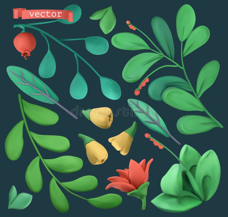 Plants And Flowers 3d Objects Set. Stock Vector - Illustration of ...