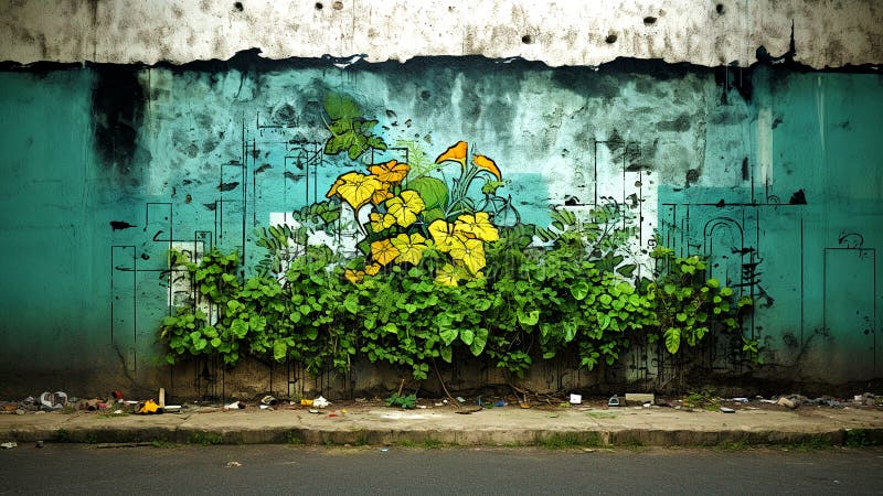 Plants Graffiti on Old Wall Stock Illustration - Illustration of yellow ...