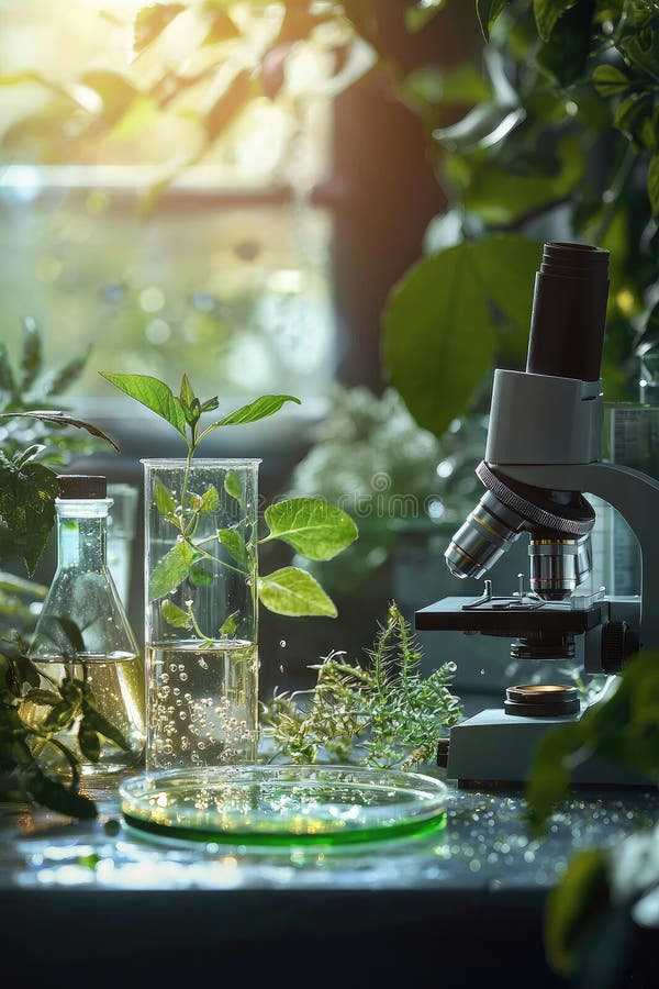 Plants and Microscope in the Laboratory. Generated by Ai Stock Image ...