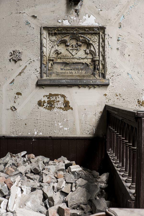 Plaque and Rubble - Collapsing, Abandoned Church Stock Photo - Image of ...