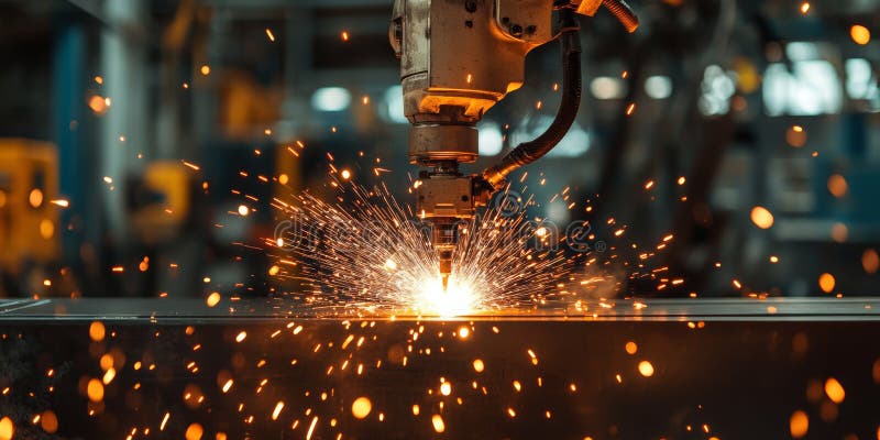 Robotic Arm Using Plasma Cutter Creating Sparks in a Factory Stock ...