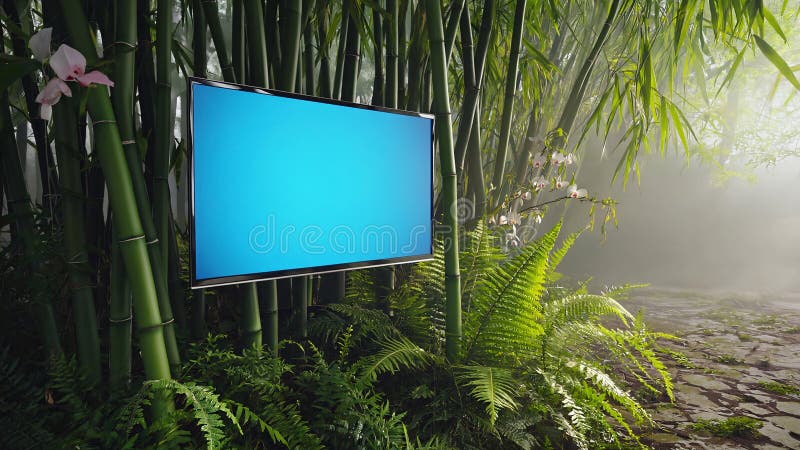 Plasma Screen Surrounded by Misty Tropical Forest with Lush Greenery ...