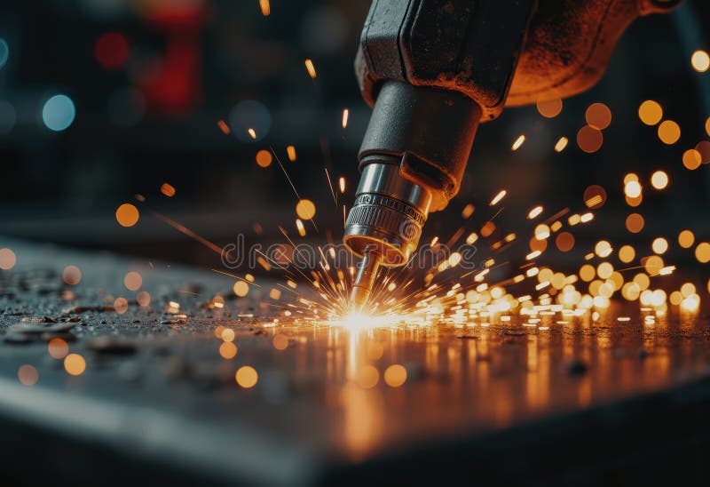 Plasma Torch Cutting Steel on a Fabrication Table, Creating Sparks ...