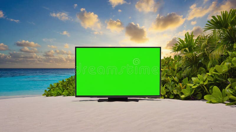 Plasma Tv with Green Screen Placed on Sandy Beach Framed by Lush ...