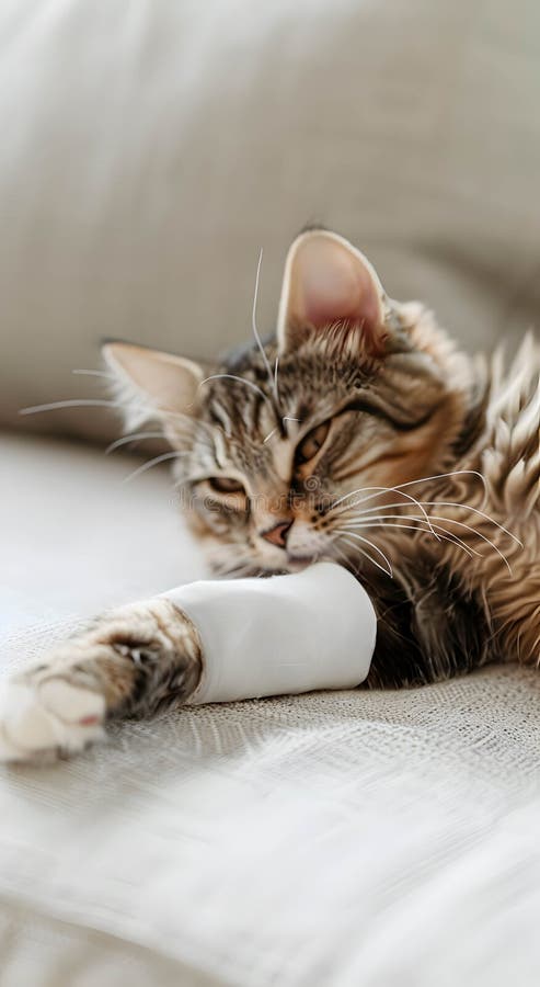 Plaster Cast on the Front Broken Paw of a Cat Lying on a Light Colored ...