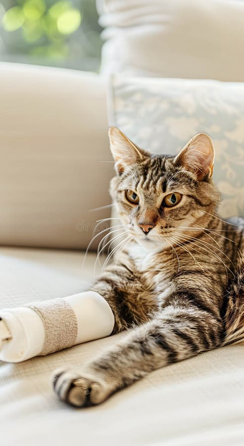 Plaster Cast on the Front Broken Paw of a Cat Lying on a Light Colored ...